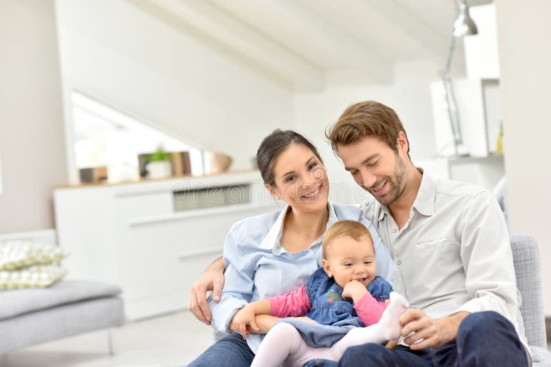 Portrait of Happy Family of Three at Home Stock Photo - Image of home ...