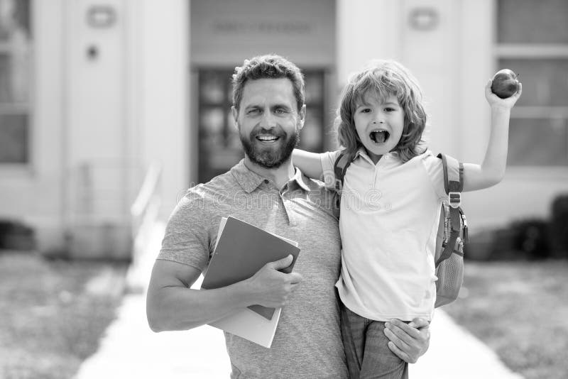 Portrait of Happy Father and Son Come Back from School. Stock Photo ...