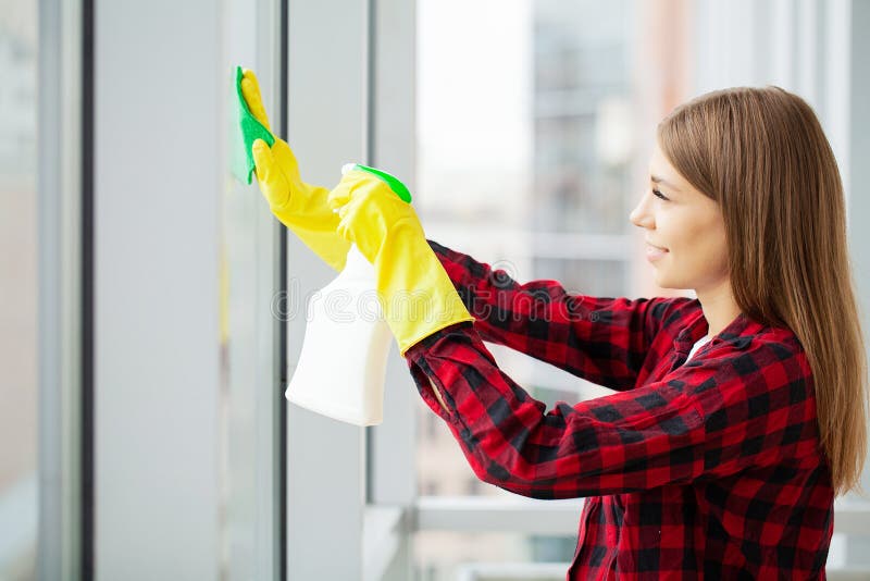 Portrait of Happy Female Worker Cleaning Modern Office Stock Photo ...