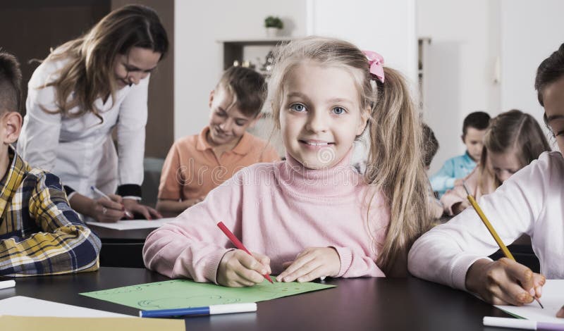Portrait of Happy Girl in Elementary Age Drawing Stock Image - Image of ...