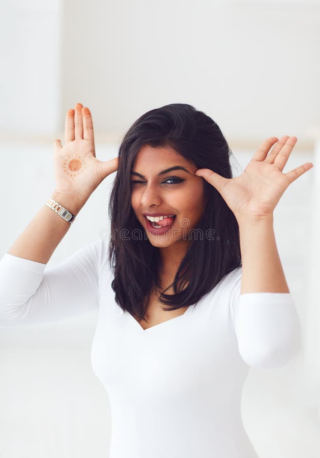 Portrait of Happy Indian Woman Having Fun at Home. Playing a Fool ... Portrait of Happy Indian Woman Having Fun at Home. Playing a Fool ...