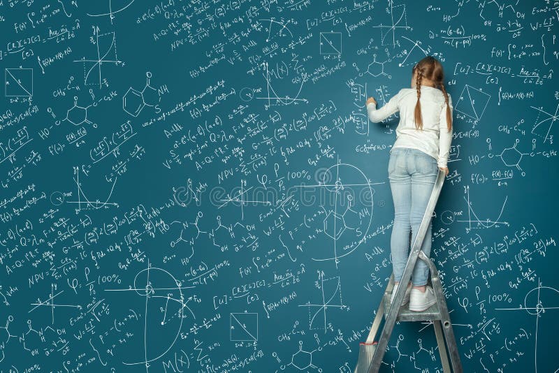 Portrait of Happy Kid Girl Resolving Complex Math Problem on Blue ...