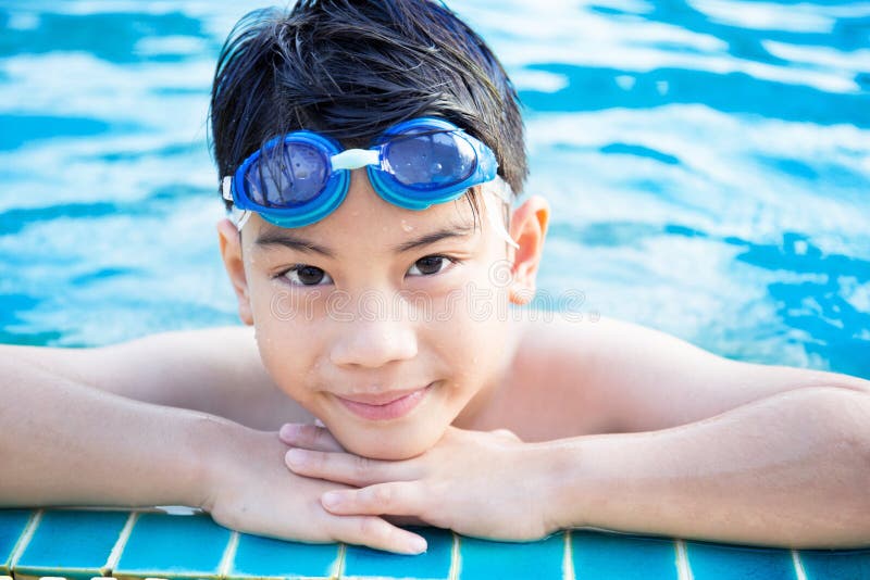 Portrait of Happy Little Boy Playing in the Pool Stock Image - Image of ...