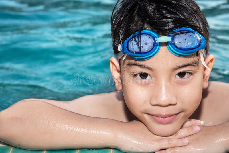 Portrait of Happy Little Boy Playing in the Pool Stock Image - Image of ...