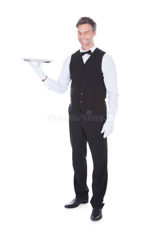 Portrait of Happy Male Waiter Stock Image - Image of isolated, glove ...