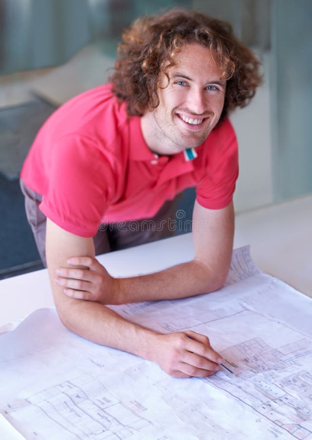 Portrait, Happy Man and Architect on Blueprint Working on Creative ...
