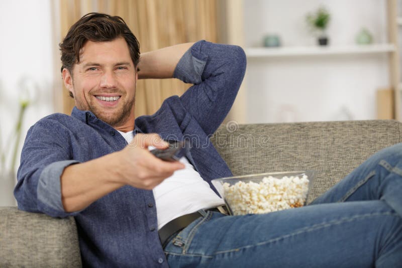Portrait Happy Man Eating Popcorns while Watching Tv Stock Photo ...