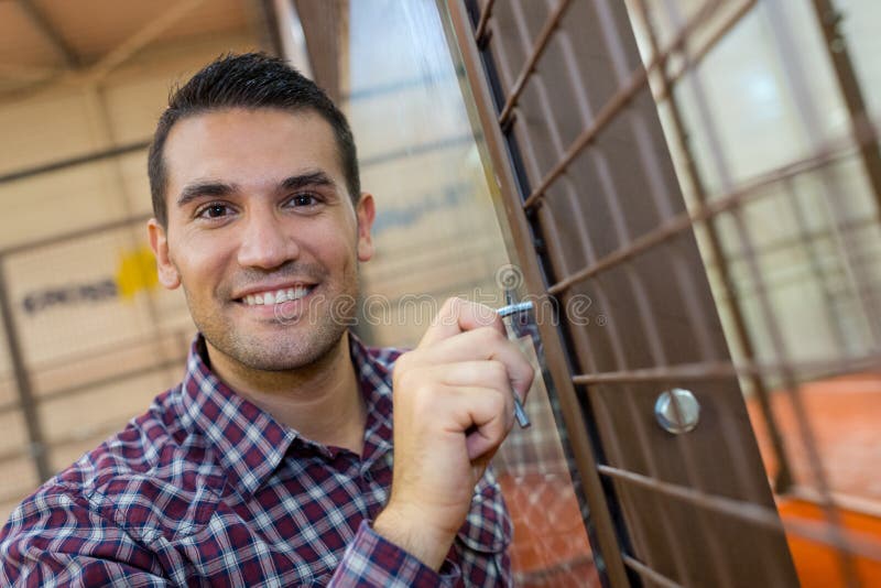 Portrait Happy Man while Entering New Home Stock Photo - Image of door ...