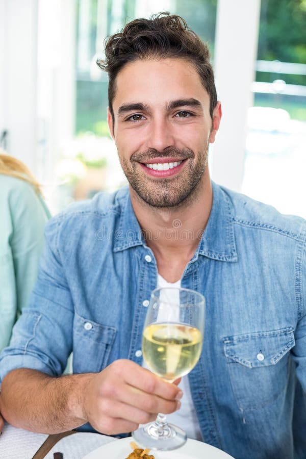 Portrait of Happy Man Holding White Wine Glass Stock Photo - Image of ...