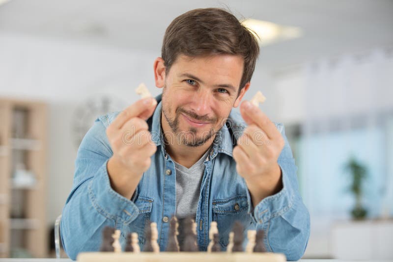 Portrait Happy Man Playing Chess at Homme Stock Photo - Image of ...