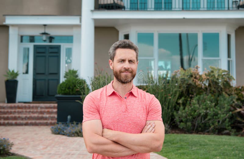 Portrait of a Happy Man Standing Outside House. Stock Image - Image of ...