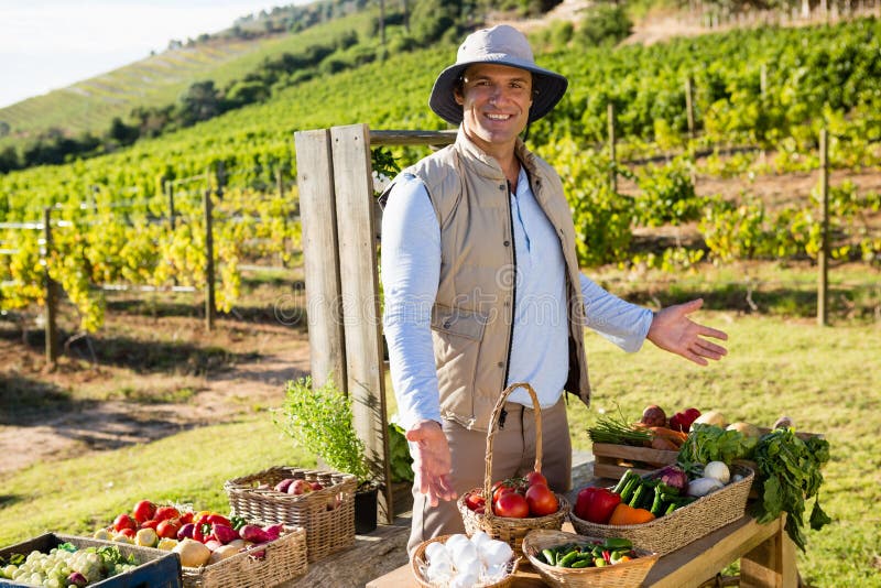 Portrait of Happy Man Standing at Vegetable Stall Stock Image - Image ...