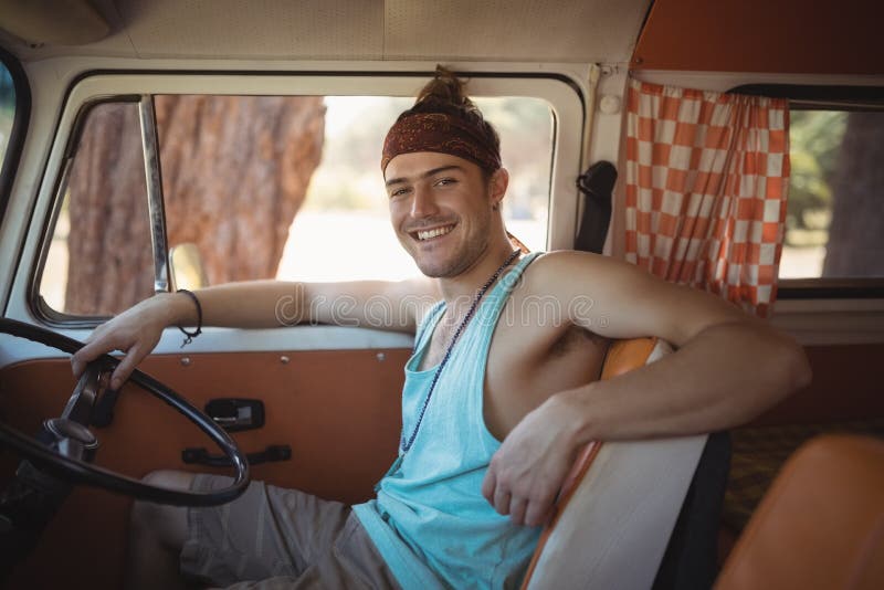 Portrait of Happy Man in Van Stock Photo - Image of checked, cheerful ...