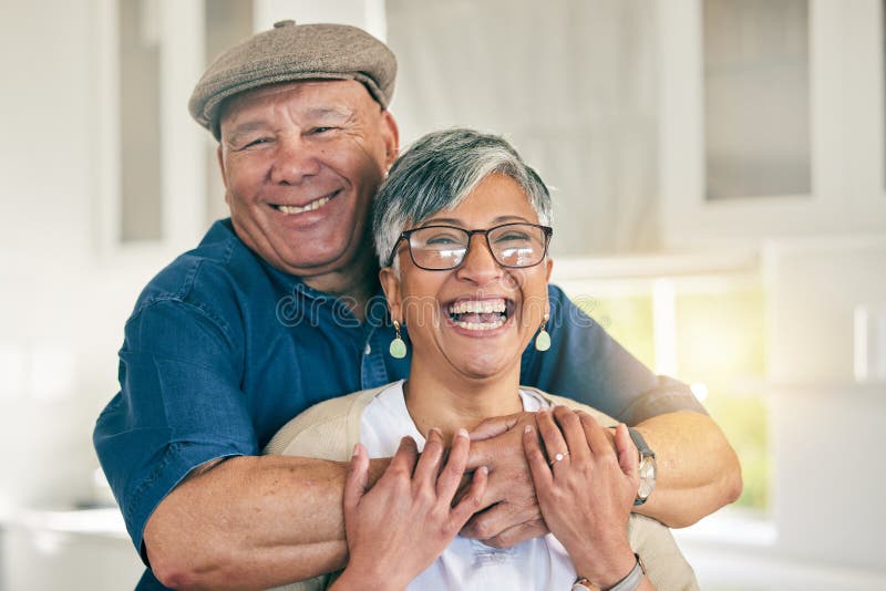 Portrait Happy Or Old Couple Hug In House Living Room Bonding Together