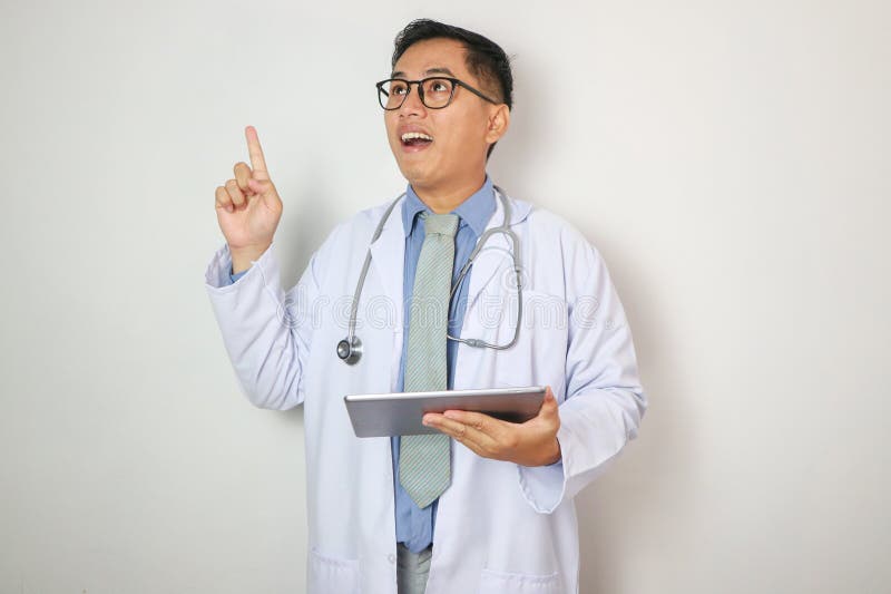 Portrait of Happy Persian Man Doctor Pointing Up Stock Image - Image of ...