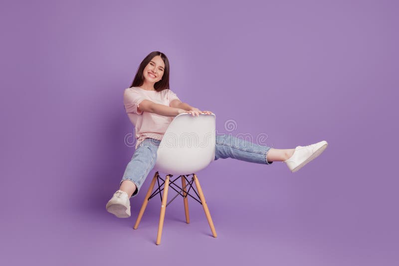 Portrait Of Happy Positive Girl Sit Chair Have Fun Carefree Mood Raise