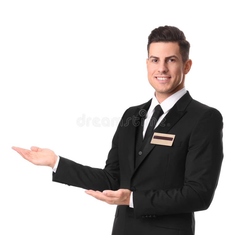 Portrait of Happy Receptionist in Uniform on White Background Stock ...