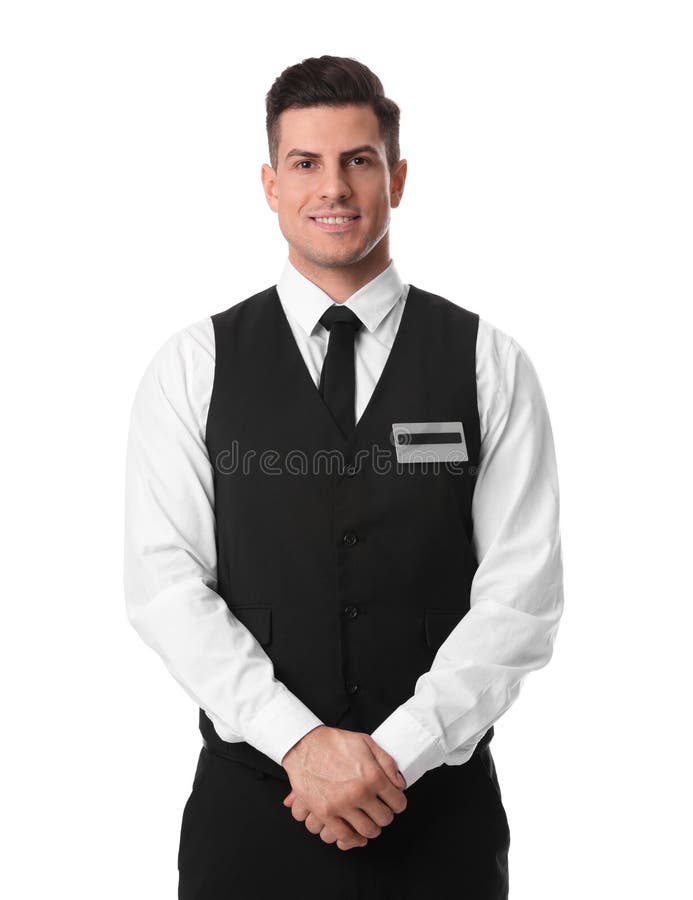 Happy Receptionist in Uniform Holding Key on White Background Stock ...