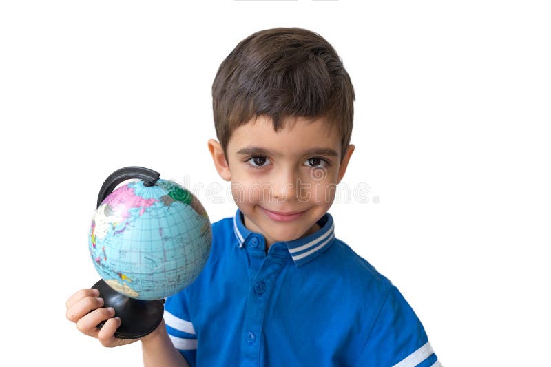 Portrait of a Happy Schoolboy Studying a Globe on White Background ...