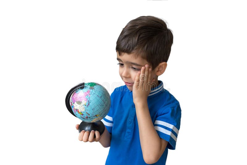 Portrait of a Happy Schoolboy Studying a Globe on White Background ...