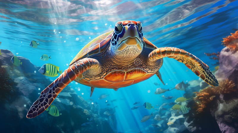 Portrait of a Happy Sea Turtle Swimming Underwater Stock Illustration ...