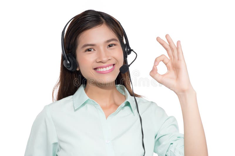 Portrait of Happy Smiling Asian Woamn Support Phone Operator in Stock ...