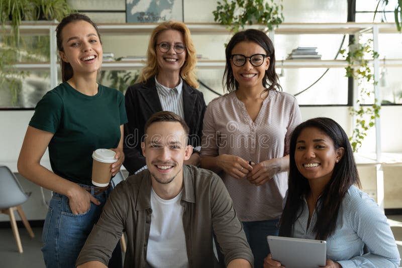 Portrait of Happy Smiling Diverse Mixed Race Employees Team Standing ... Portrait of Happy Smiling Diverse Mixed Race Employees Team Standing ...