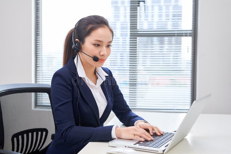 Portrait of Happy Smiling Female Customer Support Phone Operator at ...