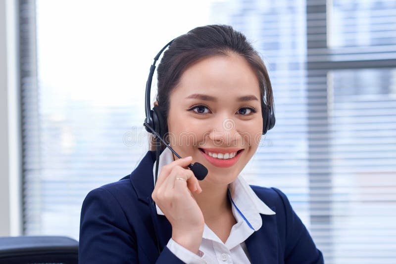 Portrait of Happy Smiling Female Customer Support Phone Operator at ...