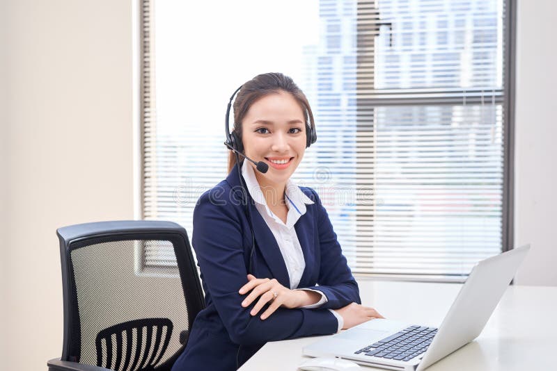 Portrait of Happy Smiling Female Customer Support Phone Operator at ...