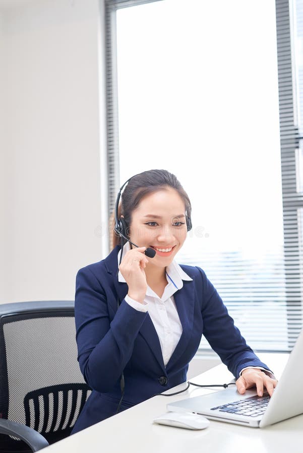 Portrait of Happy Smiling Female Customer Support Phone Operator at ...