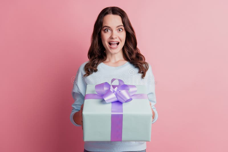 Portrait of a Happy Smiling Girl Holding Present Box Stock Photo ...