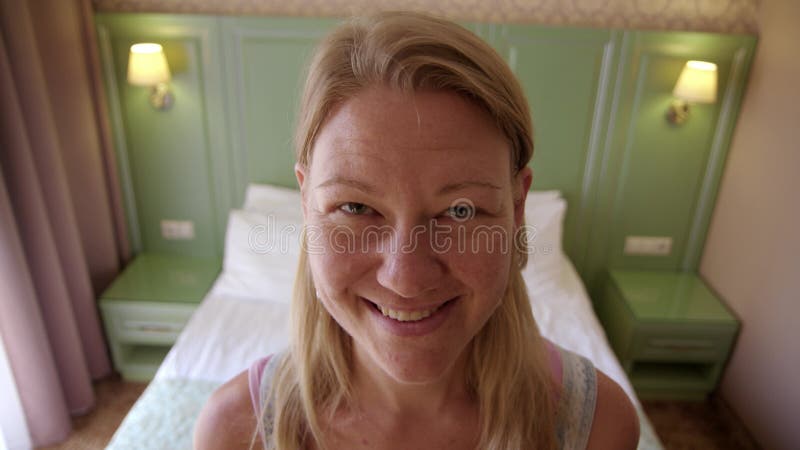 Portrait Of Happy Smiling Girl At Wide Angle Lens Satisfied Young