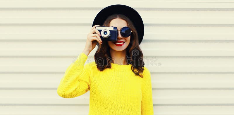 Portrait Happy Smiling Young Woman Photographer with Film Camera on ... Portrait Happy Smiling Young Woman Photographer with Film Camera on ...