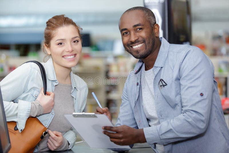 Portrait Happy Staff and Customer Looking at Camera Stock Image - Image ...