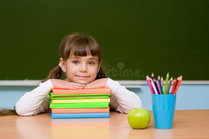 Portrait of a Happy Student of Elementary School Near Chalkboard Stock ...