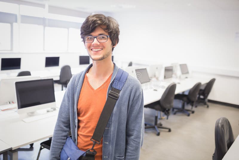 Portrait of Happy Student Standing in Computer Class Stock Photo ...