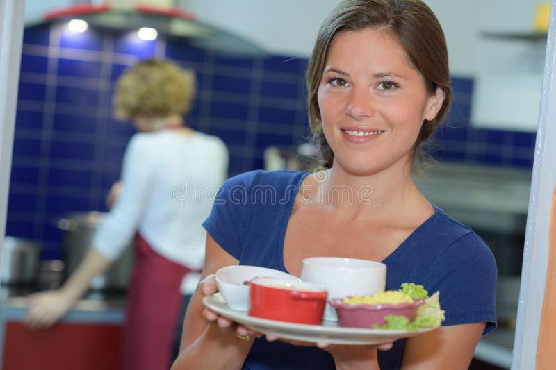Portrait Happy Waitress Serving in Restaurant Stock Image - Image of ...
