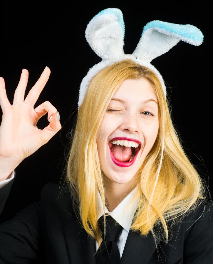 Pretty Bunny Girl Winking And Tongue Out Blonde Girl With Lace Bunny