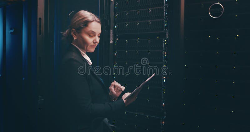 Portrait of Happy Woman in Data Center with Tablet, Inspection or ...