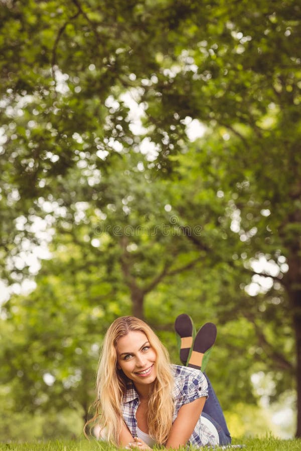 Portrait of Happy Woman Lying on Front Stock Photo - Image of caucasian ...
