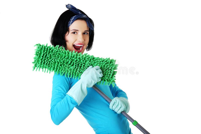 Portrait of Happy Woman with a Mop Stock Image - Image of funny ...