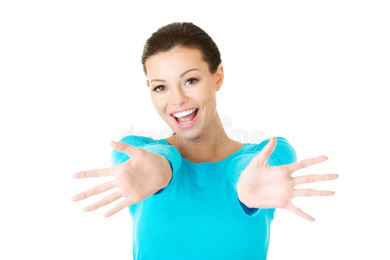 Portrait of a Happy Woman with Open Hands Gesture Stock Photo - Image ...