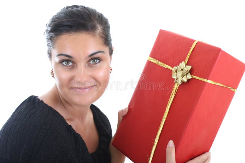 Portrait of Happy Woman with Present Stock Image - Image of black ...
