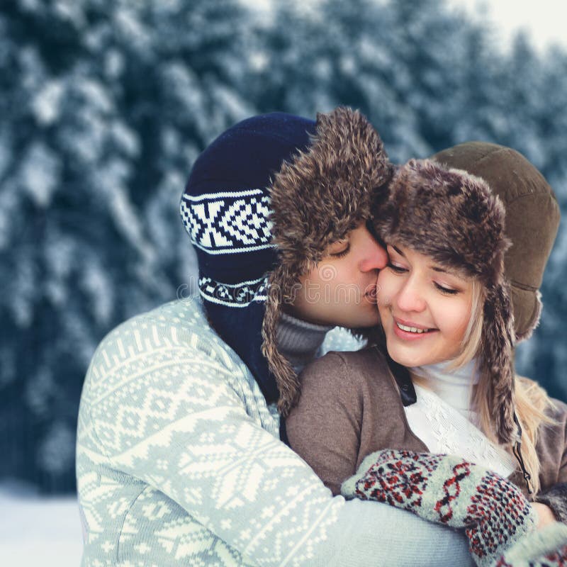 Beautiful Happy Sensual Couple In Love In Cold Sunny Winter Day Stock