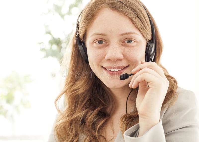 Portrait of Happy Young Female with Headset Stock Photo - Image of ...