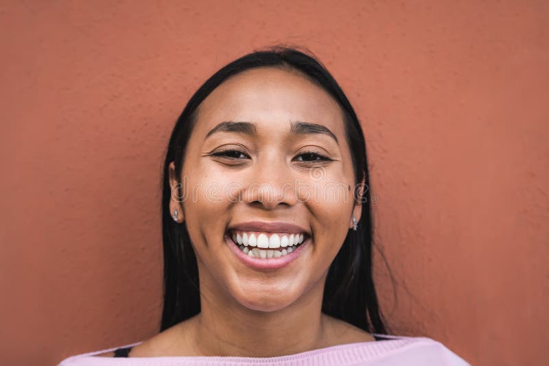 Portrait of Happy Young Hispanic Woman Smiling in Front Camera Stock ...