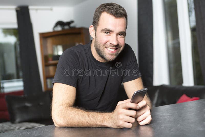 Portrait of Happy Young Man at Home Stock Image - Image of house ...