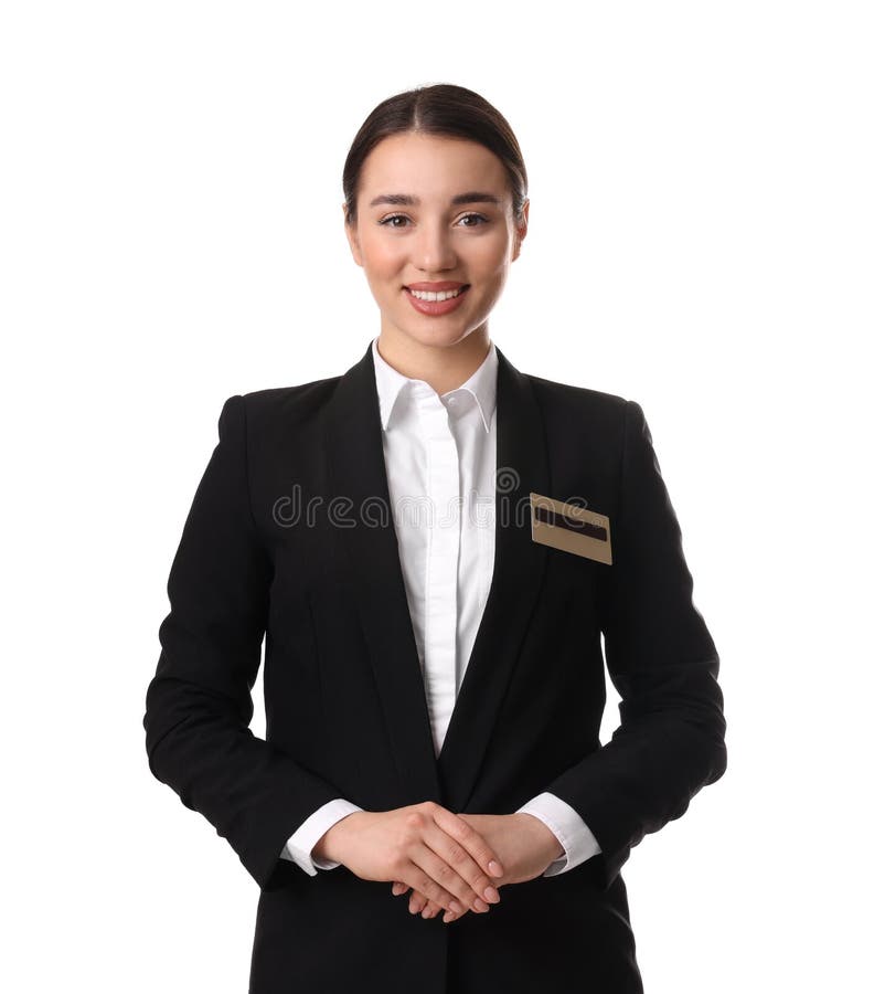 Portrait of Happy Young Receptionist in Uniform on White Background ...
