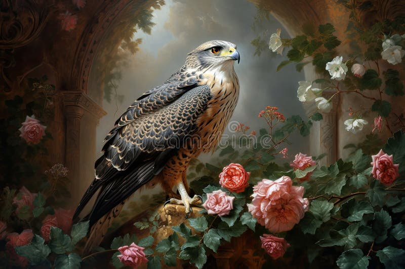 Portrait of a Hawk Stand on the Rock with Flowers Stock Illustration ...